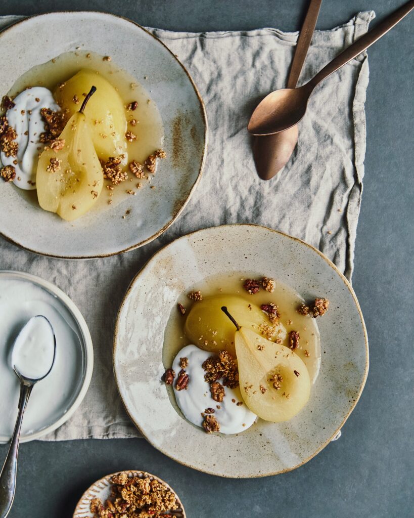 Cider Poached Pears with Ginger Sauce and Caramelised Nuts - Good Eatings