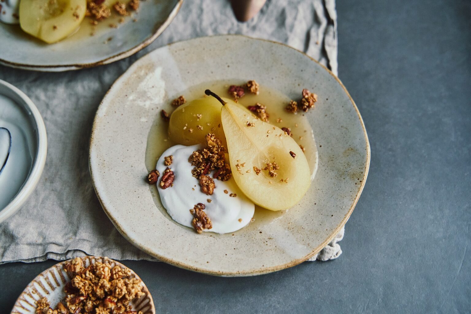 Cider Poached Pears with Ginger Sauce and Caramelised Nuts - Good Eatings