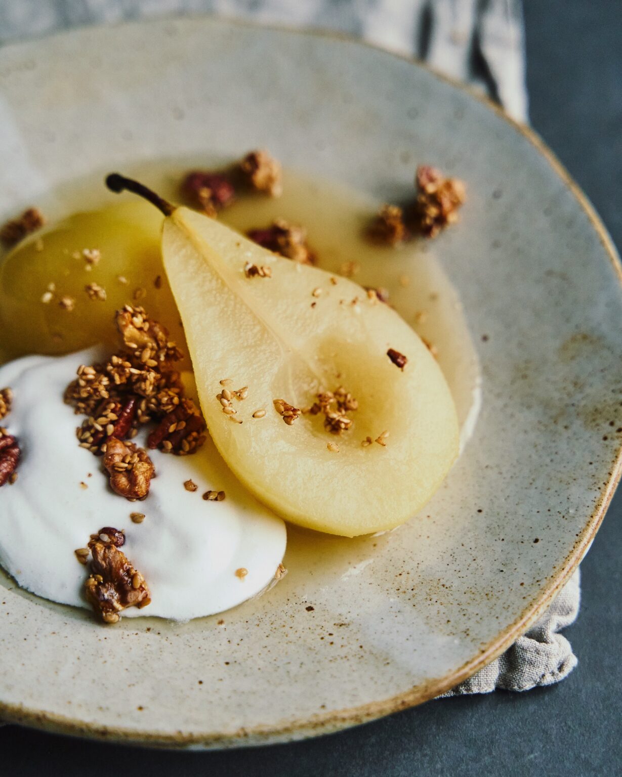 Cider Poached Pears with Ginger Sauce and Caramelised Nuts - Good Eatings