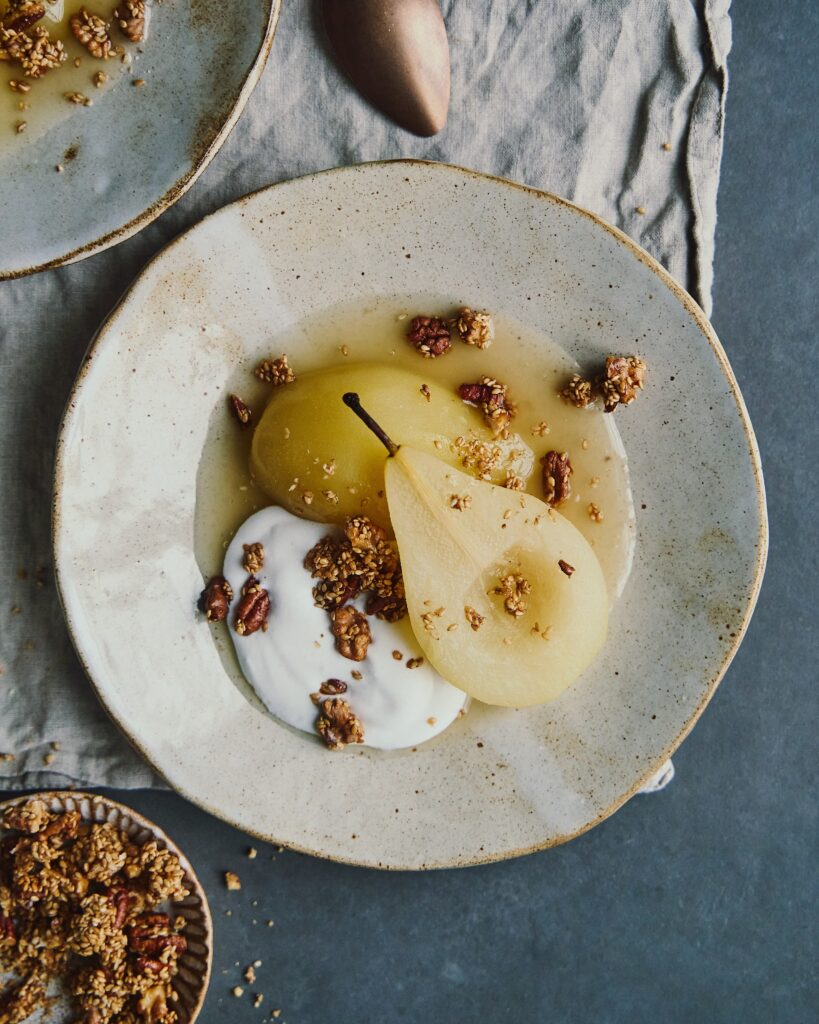 Cider Poached Pears with Ginger Sauce and Caramelised Nuts - Good Eatings