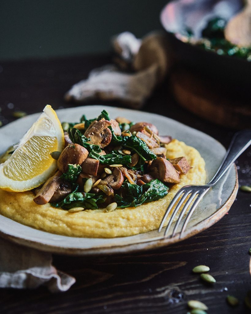 Quick Polenta with Garlic Sautéed Mushrooms, Kale and Tofu - Good Eatings