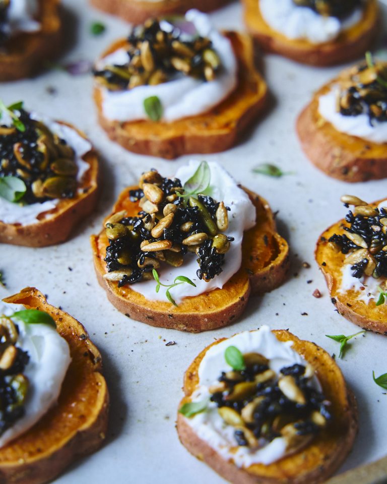 Roasted Sweet Potato Canapés with Cream Cheese and Spicy Maple Seeds ...