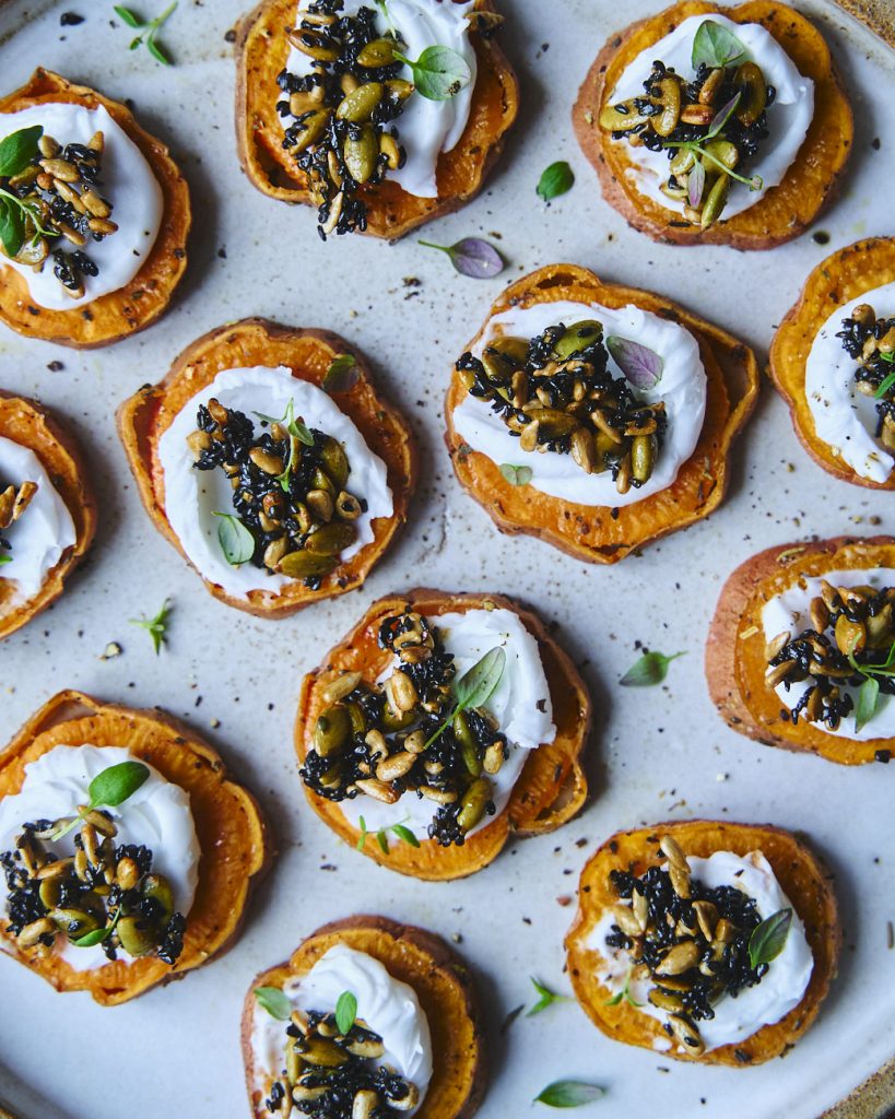 Roasted Sweet Potato Canapés with Cream Cheese and Spicy Maple Seeds ...