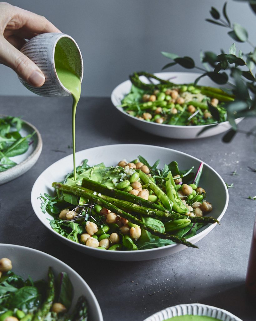 Green Spring Balance Bowl with Roasted Asparagus and Basil Dressing ...