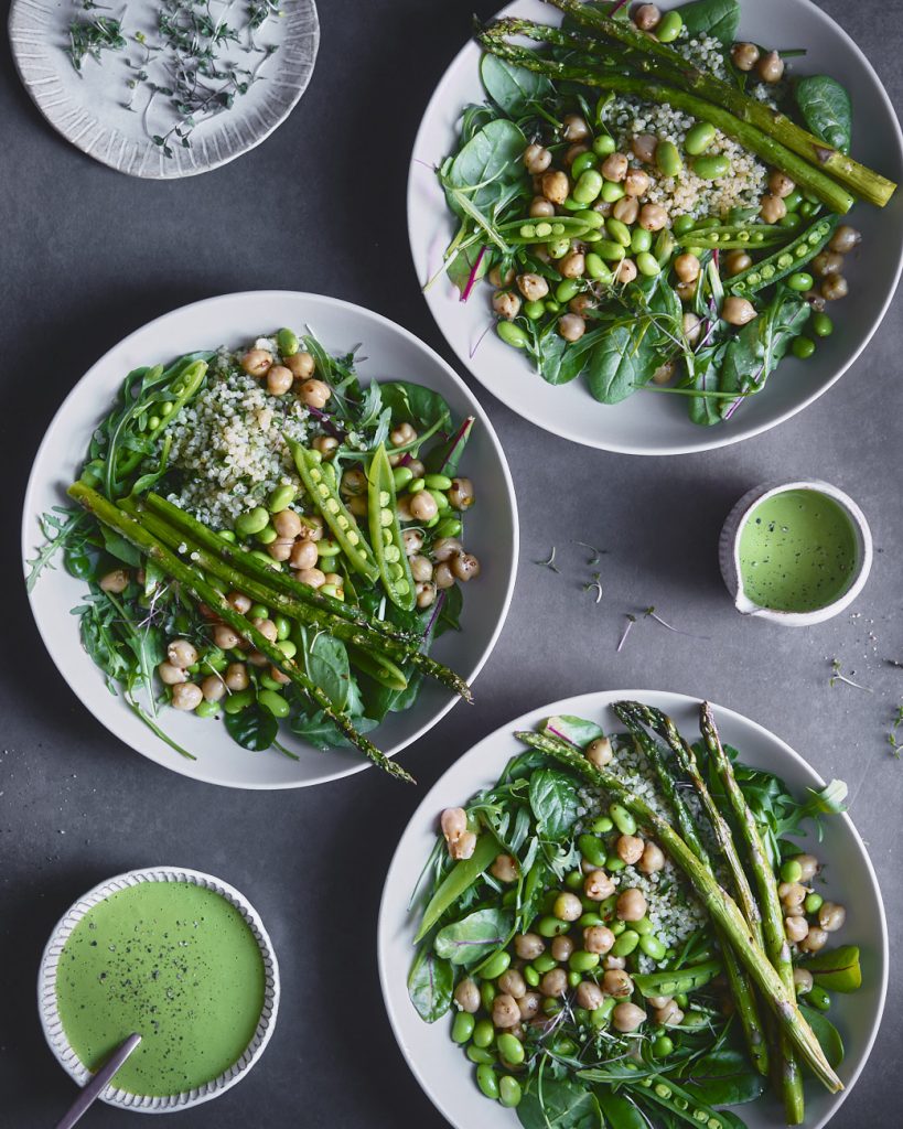 Green Spring Balance Bowl with Roasted Asparagus and Basil Dressing ...