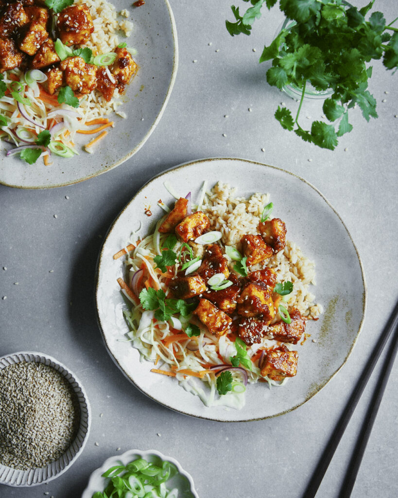 Sticky Gochujang Tofu and Rice Bowls with Crunchy Slaw - Good Eatings